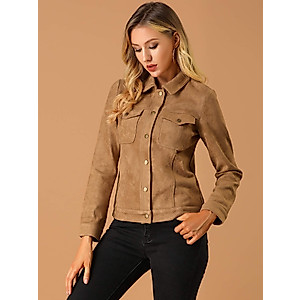Allegra K Women's Turn-Down Collar Flap Pockets Snap Button Faux Suede Jacket Large Brown