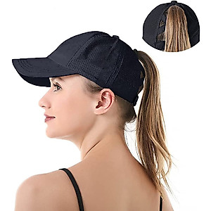 Goiwizz Womens Criss Cross Ponytail Hat Baseball Cap Adjustable High Messy Bun Ponycap Hats Quick Drying Mesh Trucker Hat for Outdoor Sports Travel Navy