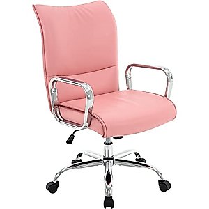 HFGI Living Home Office Chair, Modern Upholstered Mid-Back PU Leather Task Desk Chair with Arms, Adjustable Rocking Swivel Computer Chair with Wheels (Pink)