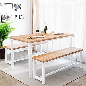 Recaceik 3-Piece Dining Table Set for 4, 43'' Dining Room Table Set with 2 Benches, Space-Saving Dinette Table with Metal Frame & MDF Board, Breakfast Table for Kitchen, Dining Room, Walnut