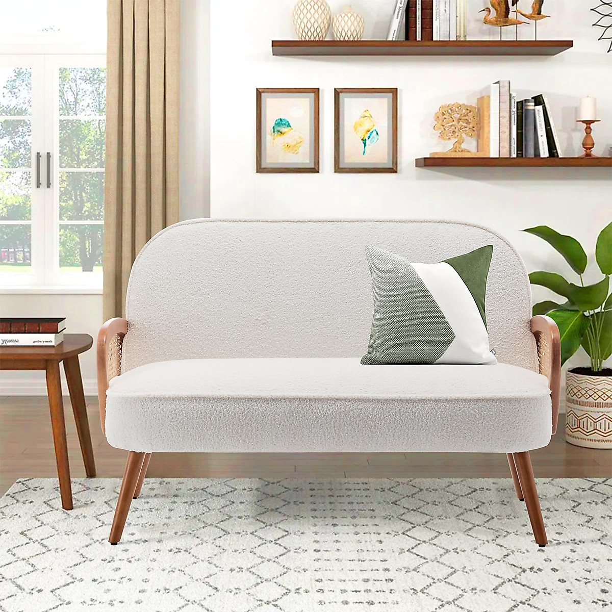 Aklaus 45" W Small Loveseat with Natural Rattan Arms,Upholstered Modern Mini Sofa Couch Love Seat Settee Bench with Back for Living Room Bedroom Office Small Space Entryway Teddy White