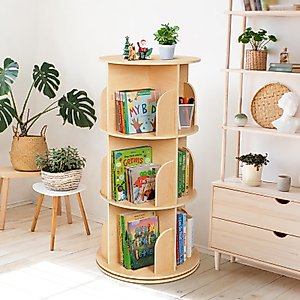 OOOK Kids Rotating Bookshelf Tower, Small Corner Bookshelf for Small Space, 360 Display 3 Tier Floor Standing Montessori Bookshelf Storage Rack, Large Chassis Spinning Bookshelf for Kids Room, Nursery