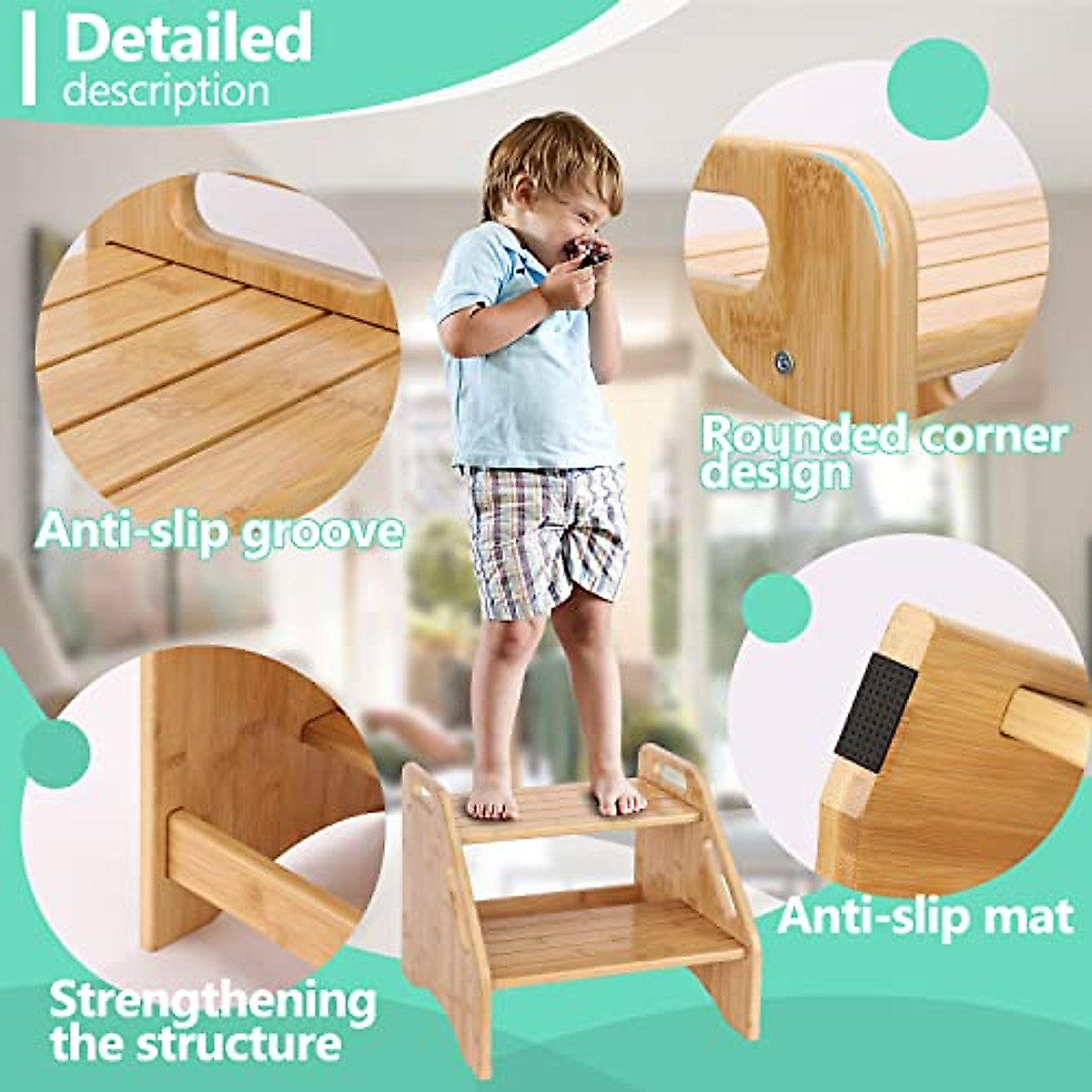 AMBIRD Wooden Step Stool, Two Step Stools Toddler 300 lbs Capacity with Safety Non-Slip Pads and Handles, Bamboo Step Stool for Bathroom, Kitchen Step Stools Dual Height Step Stools for Kids (Natural)
