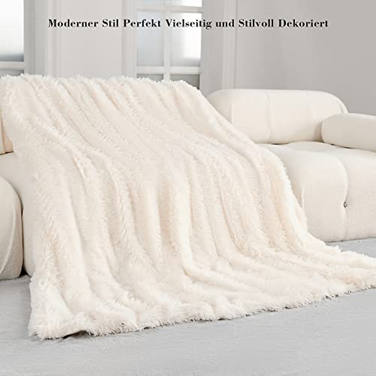 Super Soft Faux Fur Throw Blanket, Reversible Lightweight Fluffy Blanket, Long Hair Plush Shaggy Throw Blanket for Couch, Sofa, Chair, 51x62 inches, Cream White
