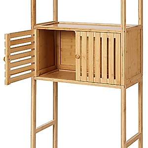 Finnhomy Over The Toilet Storage Cabinet with Doors, Over Toilet Bathroom Organizer, 3-Tier Bathroom Space Saver Organizer with Shelf, Multifunctional Toilet Rack, Natural Bamboo