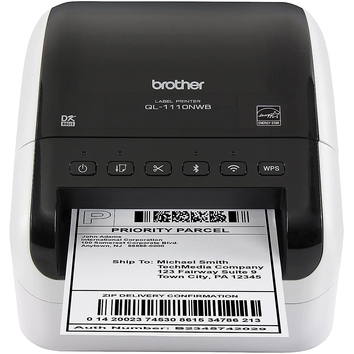 Brother QL-1110NWB Wide Format, Professional Label Printer with USB, Ethernet, and Bluetooth Connectivity, 4" Wide, 300 x 300 dpi, 69 Labels Per Minute Monochrome Postage and Barcode Printer