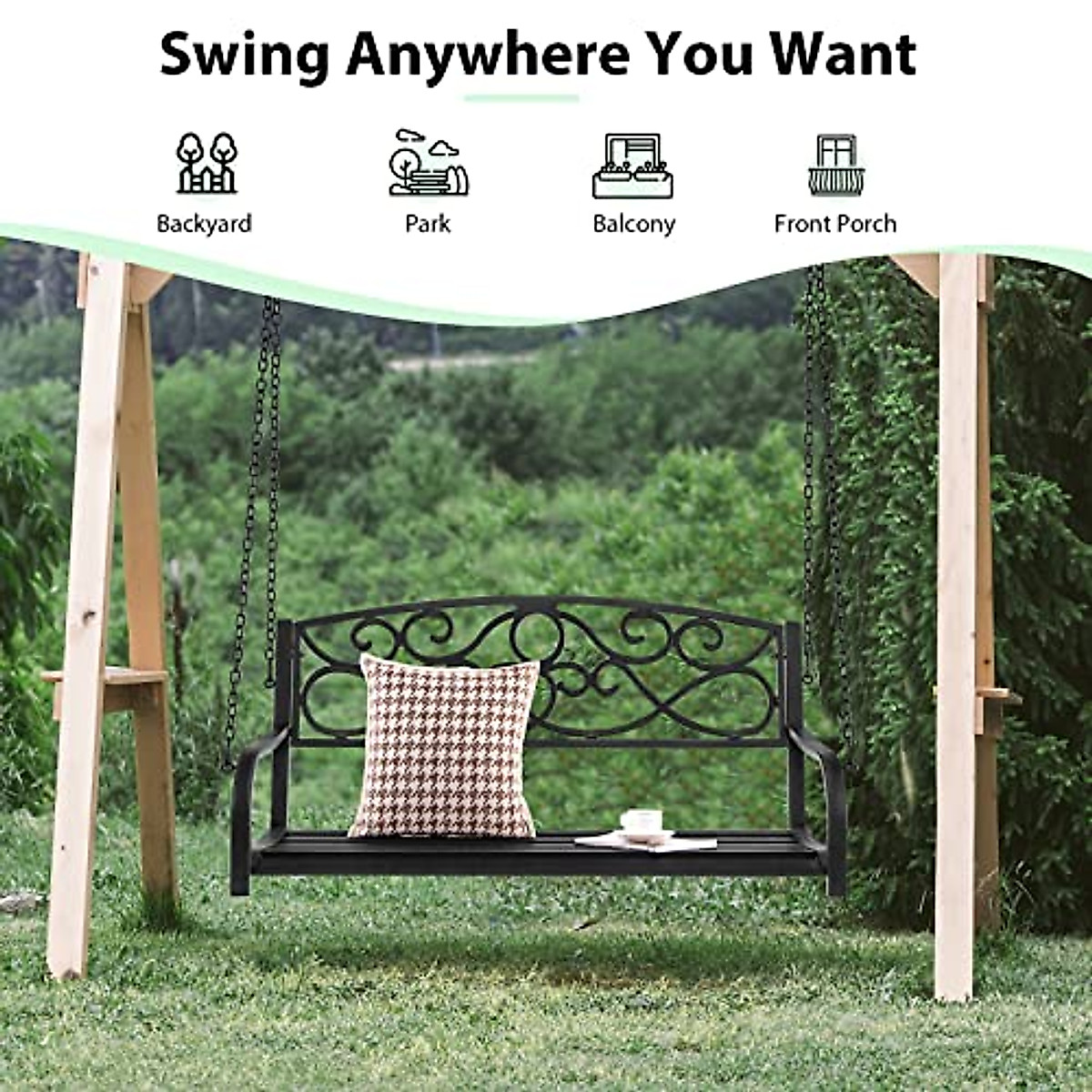 Giantex Metal Porch Swings 2 Person Outdoor Hanging Garden Bench with Sturdy Chains, Wide Seat & Curved Armrests, 485 Lbs Weight Capacity Swing Loveseat for Deck, Backyard Patio Swing Chair (Black)
