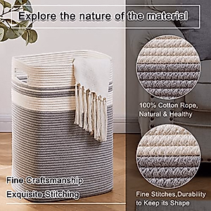 OIAHOMY Laundry Hamper-Laundry Basket,Tall Cotton Storage Basket with Handles,Decorative Blanket Basket for Living room,Collapsible Large Basket for Toys,Pillows,Clothes Organizer-16x13x22in-Gray