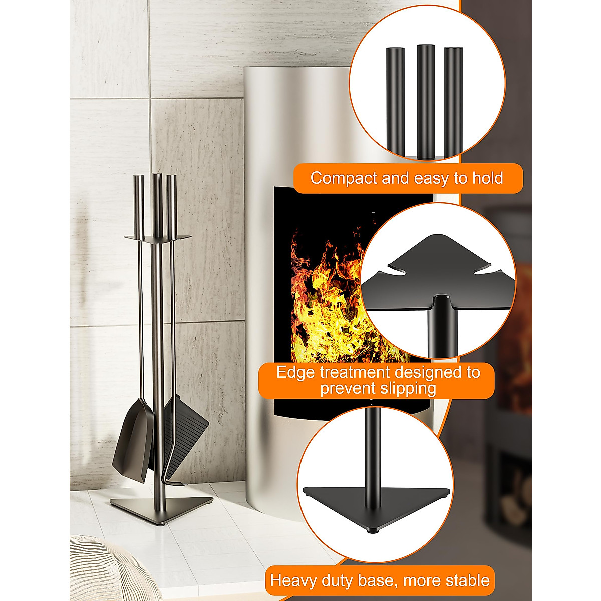 VODA Fireplace Tools Set, 4 Pcs 22.8 Inch Fireplace Tools Black Cast Iron Small Outdoor/Indoor Fireplace Accessories with Poker, Shovel, Broom, Fireplace Tool Stand