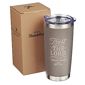 Christian Art Gifts Stainless Steel Double-Wall Vacuum Insulated Travel Mug 18 oz Gray Tumbler with Retractable Lid for Women and Men Bible Verse - Trust in the Lord - Proverbs 3:5