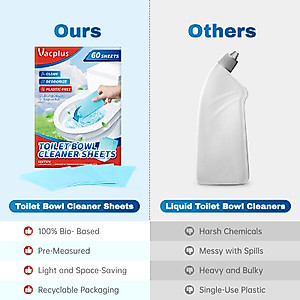 Vacplus Biodegradable Toilet Cleaning Strips - Plastic-Free, Pre-Measured Toilet Bowl Cleaner Sheets Remove Stains and Odors, 60 Pack