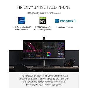 HP Envy 34” All-in-One Desktop, NVIDIA GeForce RTX 3060, 11th Gen Intel Core i7-11700 Processor, 32 GB RAM, 1 TB SSD, WUHD IPS Display, Windows 11 Home, Detachable Magnetic Camera (34-c0050, 2021)