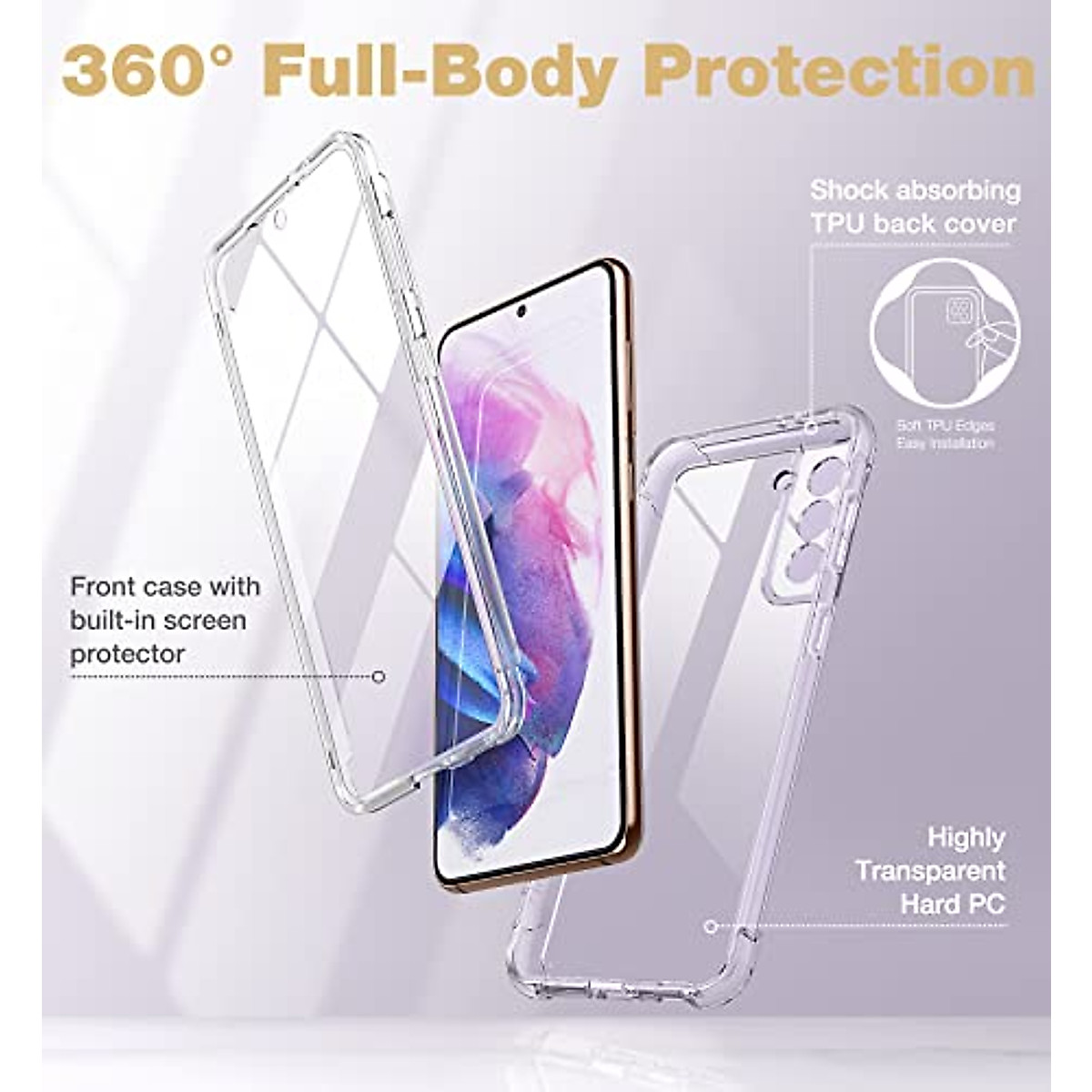 SURITCH Clear Case for Samsung Galaxy S21 5G,[Built in Screen Protector][Camera Lens Protection] Full Body Protective Hard Shell+Soft TPU Bumper Shockproof Rugged Cover for Galaxy S21 6.2" (Clear)