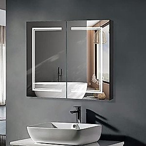 FCH Bathroom Medicine Cabinet with Dimmable LED Mirror, 32"×28" Anti-Fog LED Lighted Mirror Bathroom Cabinet Wall Mounted with 2 Outlets 2 USB Ports 2 Inside and Outside Mirror Doors
