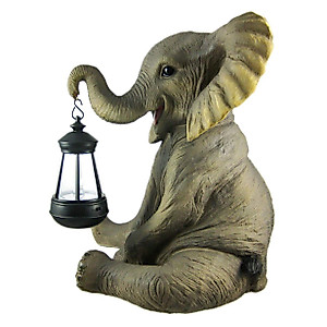 Things2Die4 Enchanting African Elephant Statue with Lantern- Adorable Porch and Garden Decor - 13.5 Inches High - Hand-Painted Outdoor Sculpture for Nature Lovers