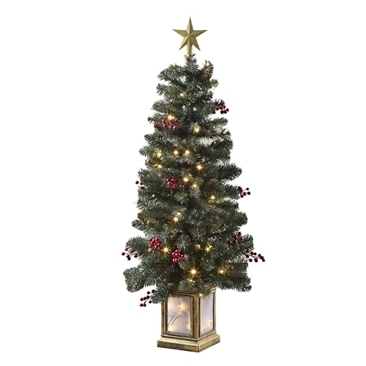 Premium 4ft Pre Lit Artificial Pencil Christmas Tree with Brown Hollow Base, Mini Pre-lit Xmas Pine Tree with 7 Modes LED Lights for Christmas Decoration, Home, Office, Party Decoration (1)