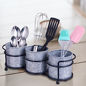 Metal Flatware, Cutlery, Kitchen Utensil & Silverware Caddy Organizer Bin Holder for Forks, Spoons, Knives - Galvanized Caddy Storage Set of 3 Buckets - Perfect Kitchen Countertop for Kitchen Decor