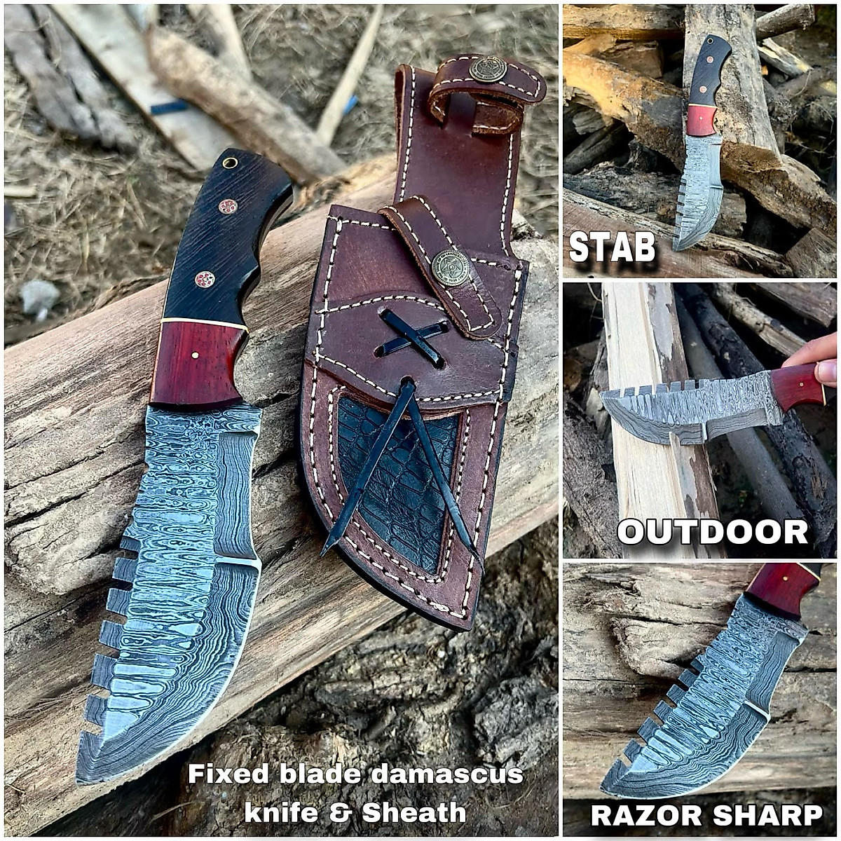 Handmade Tracker Knife Damascus Knife for Hunting Camping - 10 Inch Damascus Steel Hunting Tracker Knife with Horizontal Carry Sheath - Fixed Blade Survival tactical full tang Bushcraft Knife (Wenge & Padauk)