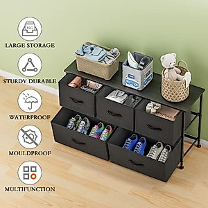 JUMMICO Fabric Dresser for Bedroom, Tall Wide Dresser with 5 Drawers, Storage Tower with Fabric Bins, Dresser Fabric Box Steel Frame, Wood Top Drawer Chest TV Stand for Closet, Living Room (Black)