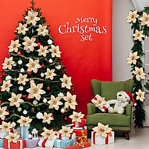 WILLBOND 24 Pieces 3 Size Christmas Glitter Poinsettia Flowers Wedding Faux Flowers Christmas Decoration Ornaments for Tree Outdoor(3.2/4/6 Inches,Champagne)