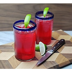 Hand Blown Mexican Drinking Glasses - Set of 6 Glasses with Cobalt Blue Rims (14 oz each)