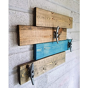 Boat House Coat Rack Wall Mount, Entryway Wooden Wall Hooks, Towel Hooks, Beach House Decor - 20 Colors - 13 Accent Colors - Weathered Oak & Vintage Aqua Teal - 3 Boat Cleats