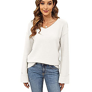 Womens V Neck Lightweight Sweaters Pullover Warm Long Sleeve Loose Casual Tunic Knit Tops White