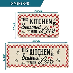 YOUWOUS The Kitchen is Seasoned with Love Kitchen Mats Set of 2-17x29 and 17x47 Inch, Decorative Non Slip Backing Floor Mat for Home Kitchen Red