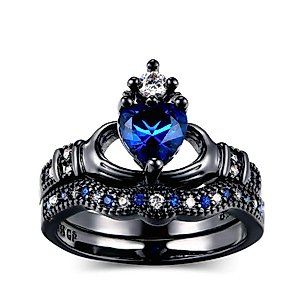 LZJ Blue Zirconia Heart Cut Bridal Princess Crown CZ Black Gold Plated Eternity Band Rings (7)