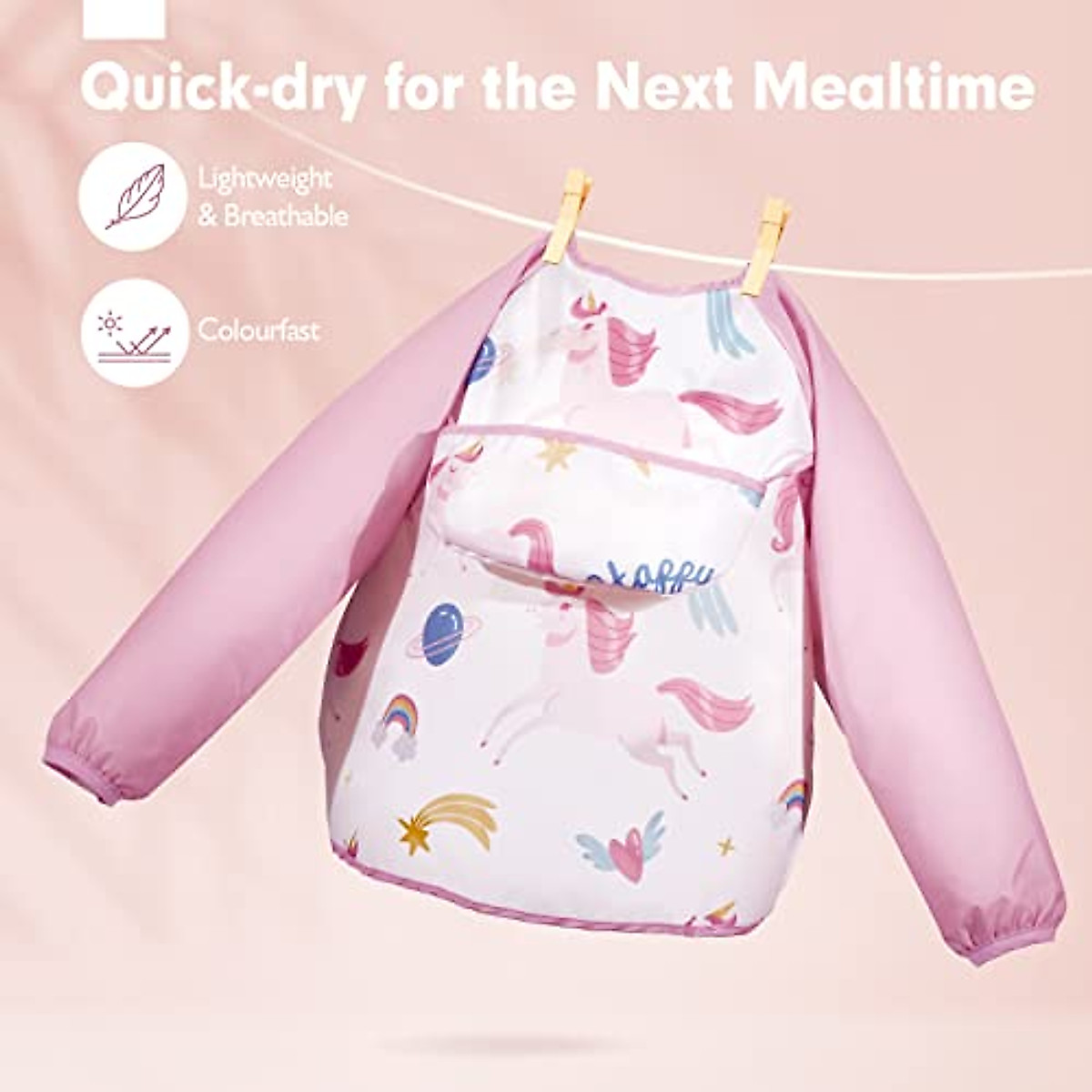 hahaland Long Sleeve Bibs for Babies 6-12-18-24 Months - Unicorns Baby Bibs for Girls Baby Shirt Bibs for Eating Feeding, Wearable Sleeved Smock Bibs with Food Catcher for Led Weaning (Pink)