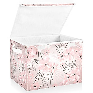 Kigai Storage Basket Pink Flowers Print Storage Boxes with Lids and Handle, Large Storage Cube Bin Collapsible for Shelves Closet Bedroom Living Room, 16.5x12.6x11.8 In