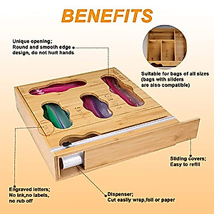 【2022-NEW】TBSTBIEE Ziplock Bag Organizer with Foil and Plastic Wrap Organizer, 5 in 1 Bamboo Baggie Organizer Wrap Dispenser for Gallon, Quart, Sandwich, Snack, Plastic Wrap, and Aluminum Foil