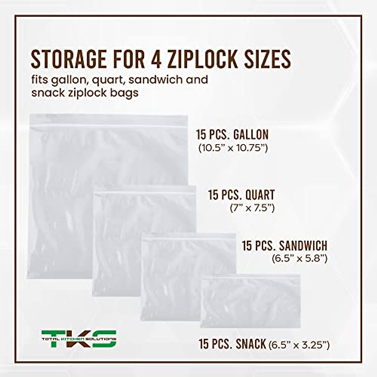 Ziplock Bag Organizer, Bamboo Kitchen Drawer Organizer, Drawer Divider for Snack, Sandwich & Gallon Bags, Kitchen Organizer with 60 Zip Lock Bags, 12x12 inch Box, Black -Total Kitchen Solutions