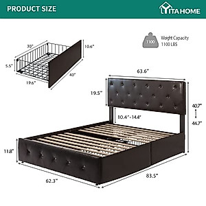 YITAHOME Upholstered Bed Frame with 4 Storage Drawers and Adjustable Headboard, Queen Bed Frame Mattress Foundation with Sturdy Wood Slat Support, No Box Spring Needed, Brown (Queen)