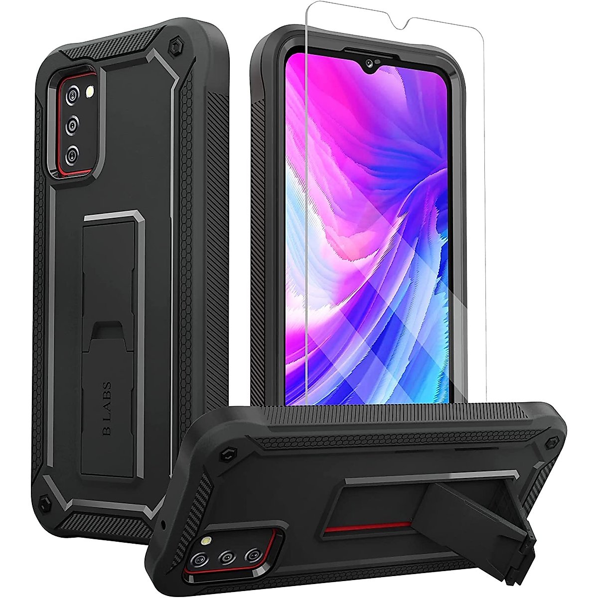 B LABS Compatible with Samsung Galaxy A02s Phone Case - Ultimate Drop Protection with Built-in Screen Protector and Kickstand (Black)