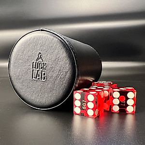 Luck Lab Black Leather Dice Stacking Cup with 5 Serialized Razor Edge 19 mm Casino Dice - Pro Straight Cup for Stacking and Magic Tricks (Red Dice)