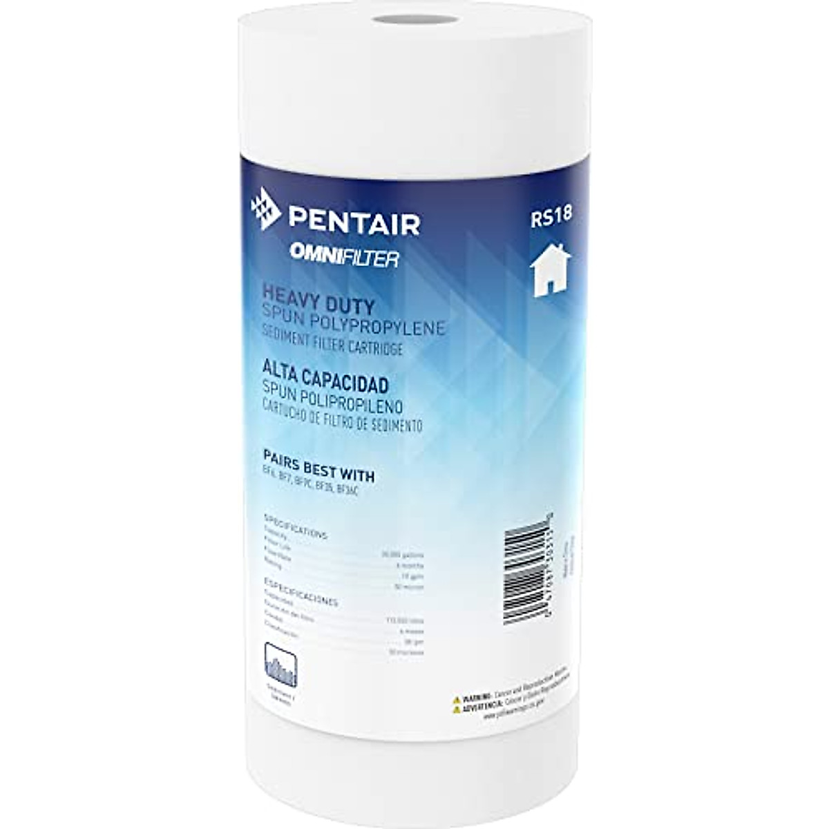 Pentair OMNIFilter RS18 Sediment Water Filter, 10-Inch, Whole House Heavy Duty Spun Polypropylene Replacement Cartridge, 10" x 4.5", 50 Micron, White