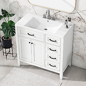 Merax, White 36 Inch Bathroom Vanity with Sink Set Combo, Storage Cabinet with Doors and Drawers, Ceramic Basin Top