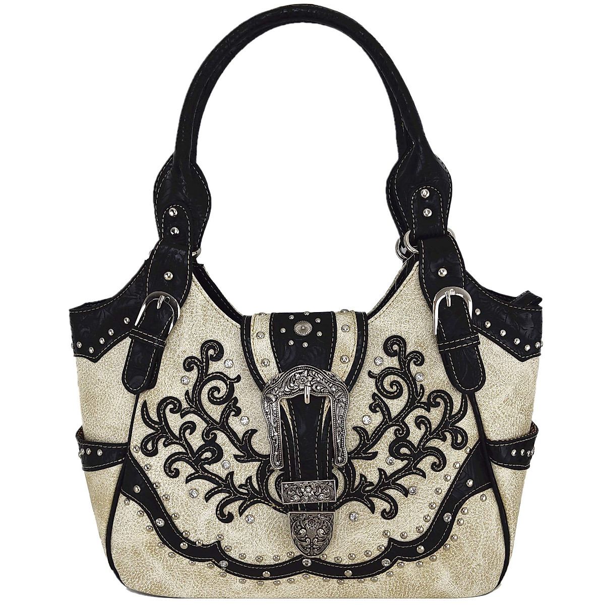 Western Style Tooled Leather Buckle Concealed Carry Purse Country Handbag Women Shoulder Bag Wallet Set (Beige Set)