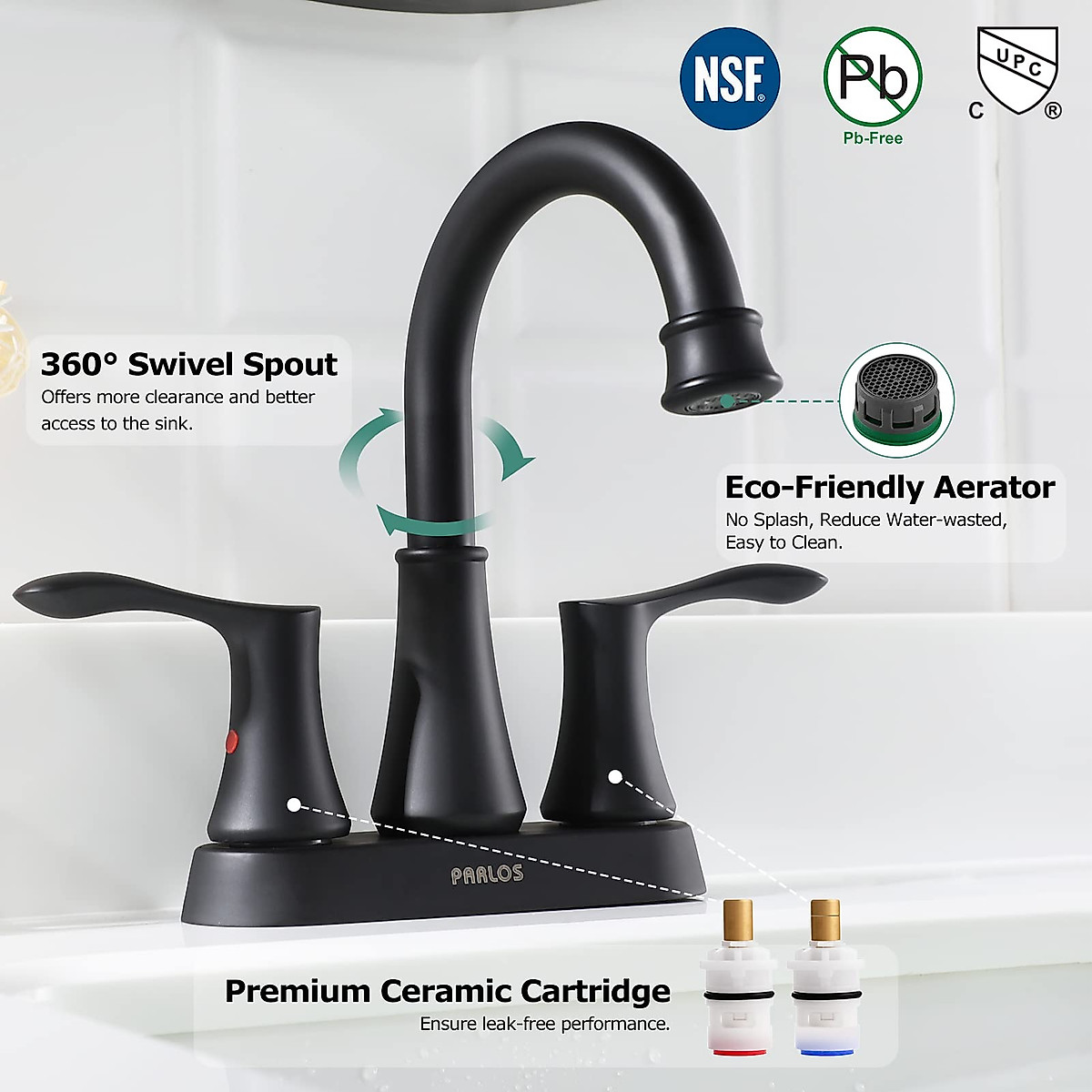 PARLOS 2-Handle Bathroom Sink Faucet High Arc Swivel Spout with Metal Drain Assembly and Faucet Supply Lines, Matte Black, Demeter 14134