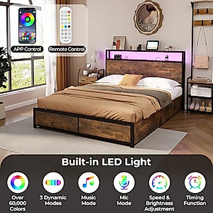 Giantex Queen Bed Frame with LED Lights Headboard and 4 Storage Drawers, Metal Platform Bed with Outlets and USB Ports Charging Station, Smart LED Bed Frame, Easy Assembly, No Box Spring Needed