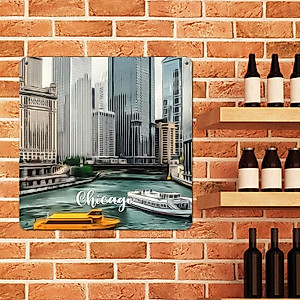 WoGuangis USA City Chicago Metal Plaque Tin Sign American Cities in Illinois States Street Hanging Sign Travel Gift Souvenir Aluminum Art Signs Quality Metal Sign for Front Porch Garden 12x12in