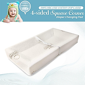 LA Baby 4-Sided Diaper Changing Pad, 32" with 100% Organic Cotton Top Layer on Waterproof Cover - Made in USA. Non-Skid Bottom, Safety Strap, Fits All Standard Changing Tables/Dresser Tops