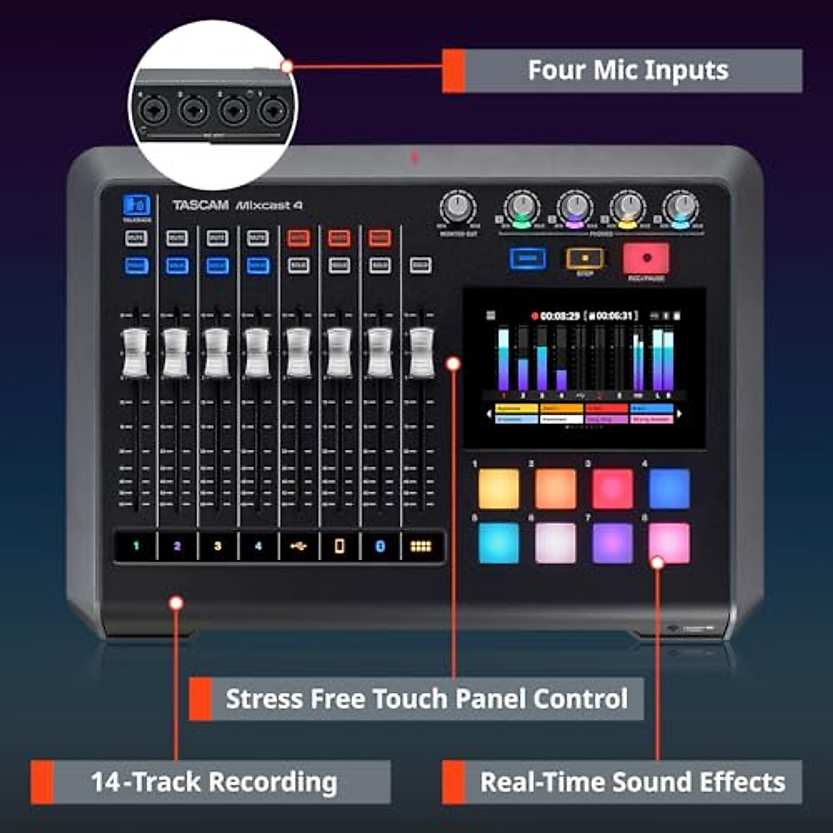 TASCAM Mixcast 4 Podcast Streaming Mixer, Recorder, and USB Audio Interface — Four XLR/TRS Mic Inputs, Touch Screen and Editing Software Included