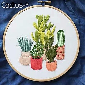 Highkick Embroidery Starter Kits for Adults Beginners with Stamped Pattern, Embroidery Floss + Needles + Hoop, Cactus Series, 3 Pack