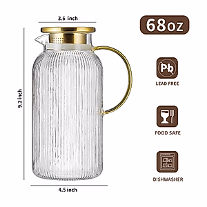 Buaic 2 PACK Glass Pitcher with Lid, 68 oz/ 2 Liter Classic Vertical Stripes Water Pitcher,Glass Water Carafe for Cold Brew, Coffee, Lemonade, Iced Tea,Beverage, Heat Resistant Water Glass Jug