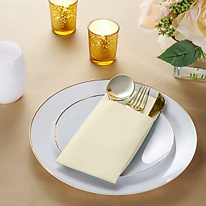 50-Pack Disposable Linen-Feel Dinner Napkins with Built-in Flatware Pocket, CREAM Prefolded Cloth Like Paper Napkins For Dinner, Wedding Or Party [Silverware NOT Included]
