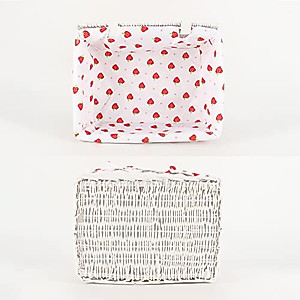 KINGWILLOW Rectangular Storage Basket, Wicker Storage Bin with Lid for Clothes Books Sundries (Strawberry Pattern Lining, Large)