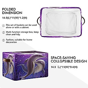 ALAZA Decorative Basket Rectangular Storage Bin, Two Lovers Dolphin Purple Organizer Basket with Leather Handles for Home Office