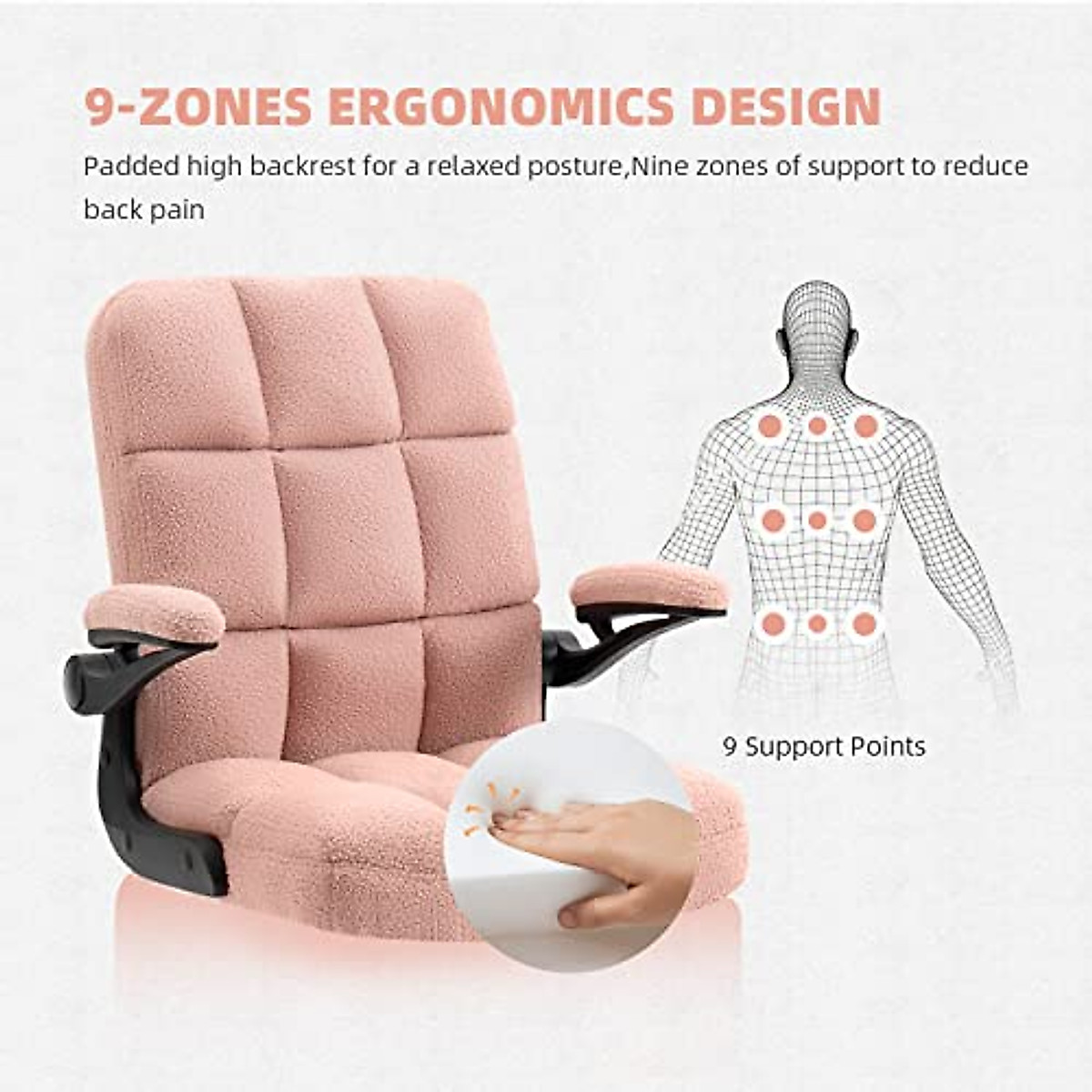 SEATZONE Pink Home Office Desk Chairs with Flip-up Armrest, Faux Fur, Fuzzy Computer Rolling Chair with Wheels, Adjustable Backward Tilt